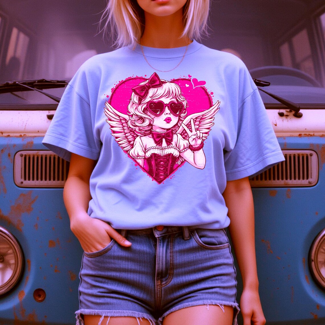 Retro Cupid Blowing Kisses Png Svg, Cupid Retro Sunglasses Making Peace ...