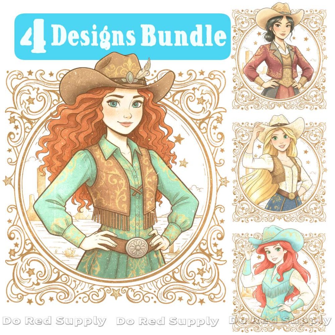 Retro Cowgirl Princess Png BUNDLE, Vintage Western Princess Design ...