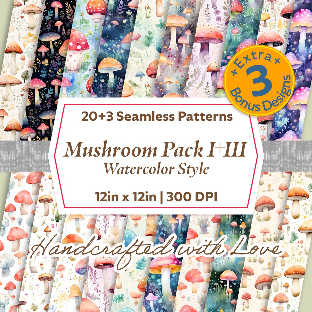 Mushroom Design SEAMLESS Patterns, Watercolor Style, Digital Paper ...