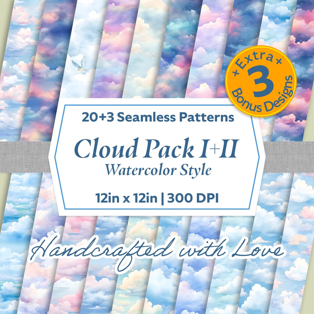 Cloud Design SEAMLESS Patterns Watercolor Style Digital Paper Scrapbook ...