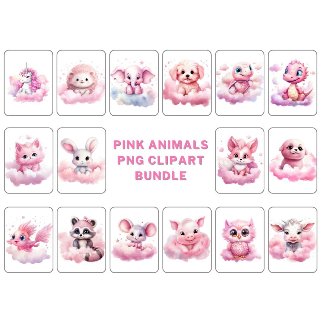 Cute Pink Animals PNG Clipart Bundle - Full License - 21 Designs ...