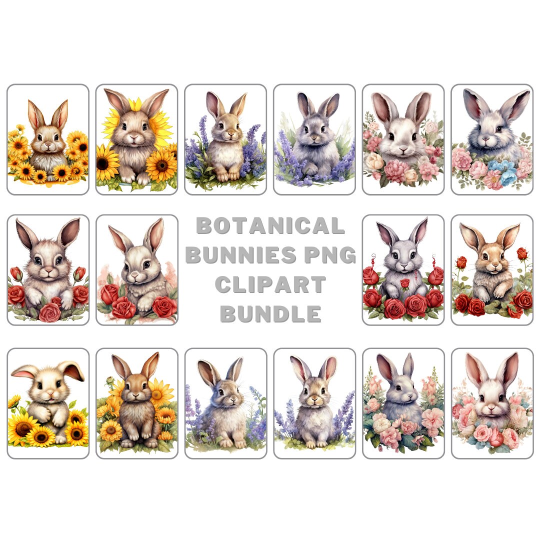 Botanical Bunnies PNG Clipart Bundle - Full License - 20 Designs ...