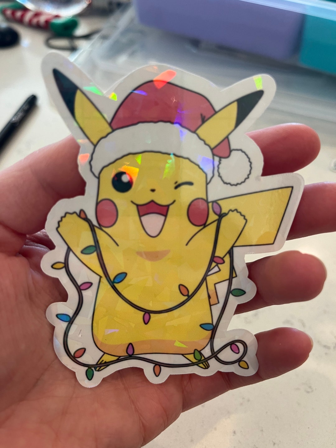 Large Holographic Poké Pika Christmas Holiday Sticker Sticker Water ...