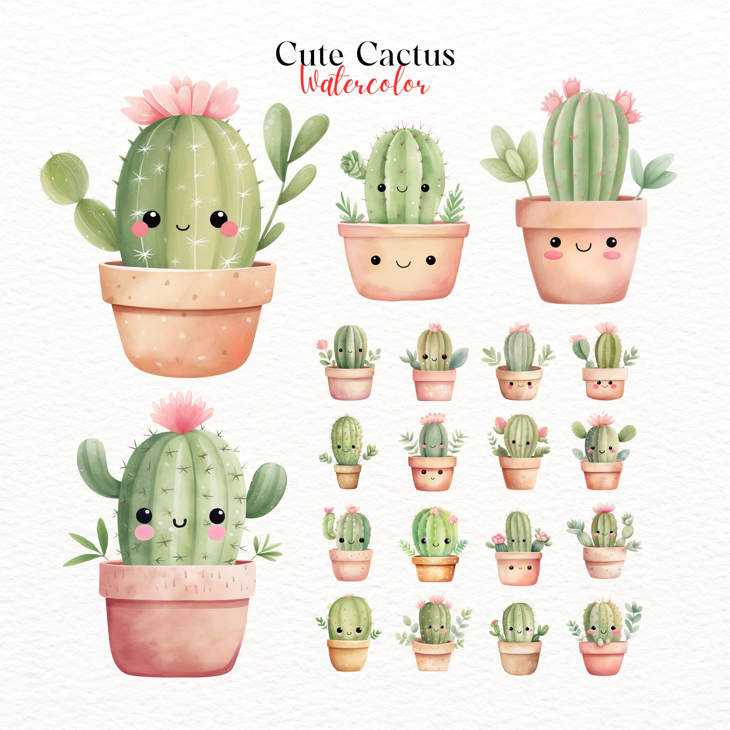 Cute Cactus Watercolor Clipart - Digital Download, Succulent Plants ...
