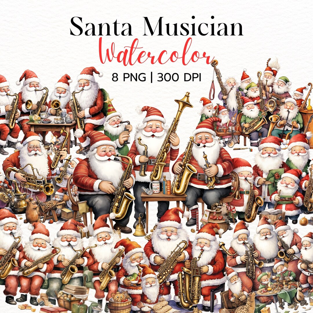 Santa Musician Christmas Watercolor Clipart, Winter Clipart Bundle ...