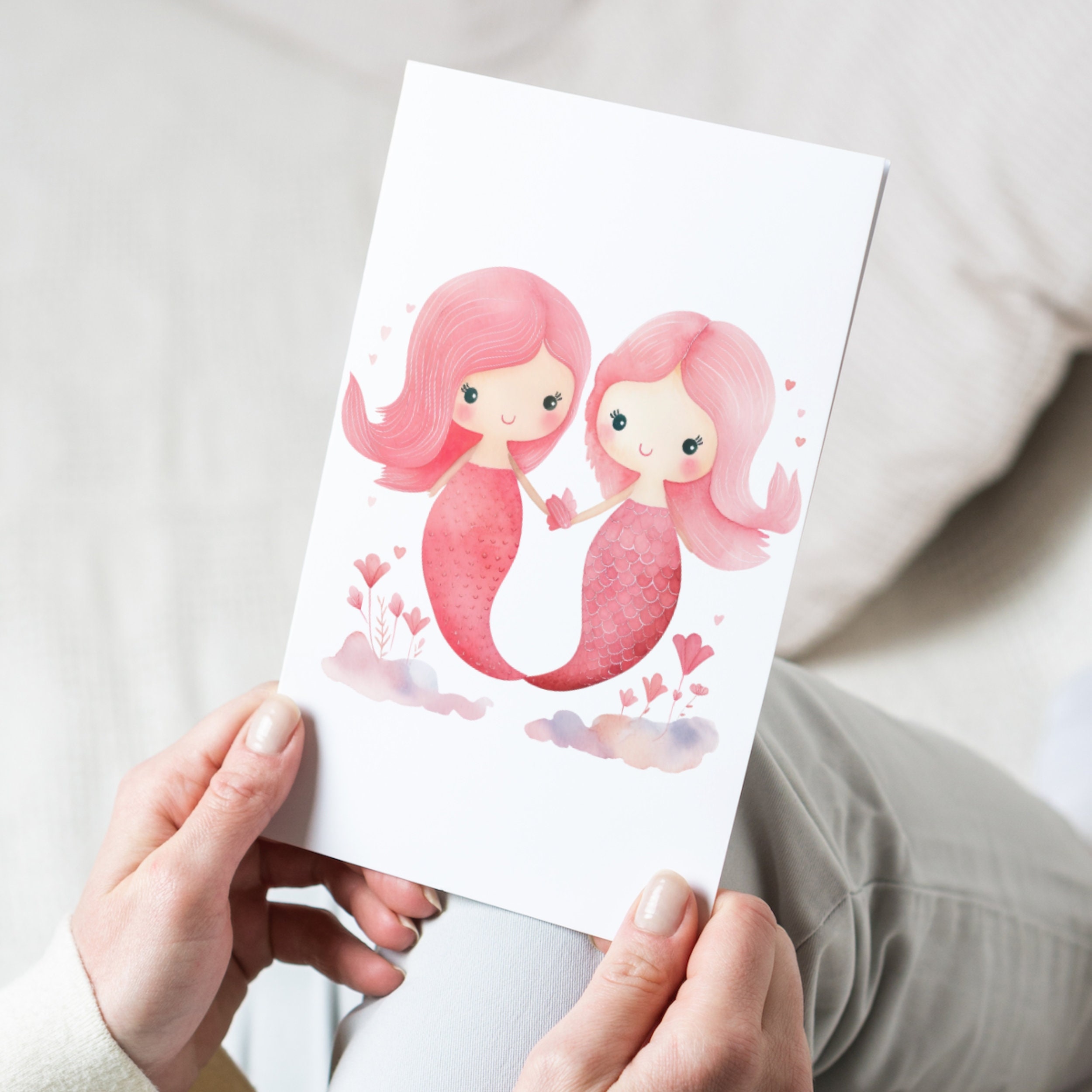 Pink Mermaid Couple Watercolor Clipart: Romantic Sea Life PNG (digital ...