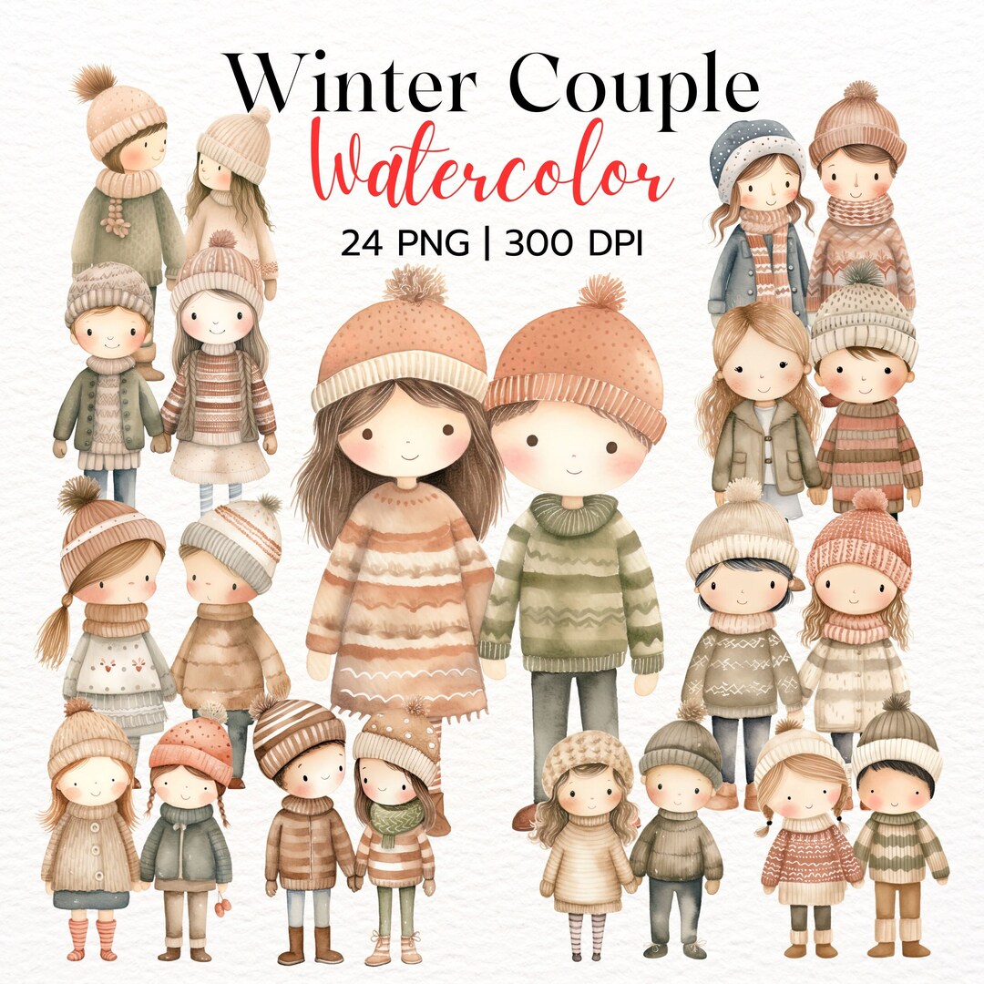 Winter Couple Watercolor Clipart, 24 PNG, Love, Romantic Couple, Couple ...