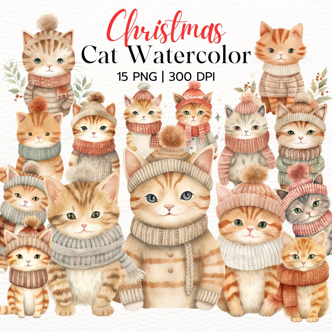 Christmas Cat Watercolor Clipart, Winter Clipart Bundle, Cozy Holiday ...