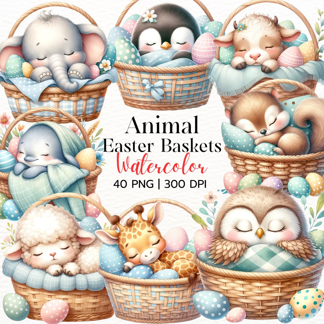 Watercolor Animal Easter Baskets Clipart – Cute Bunny & Chick PNG ...