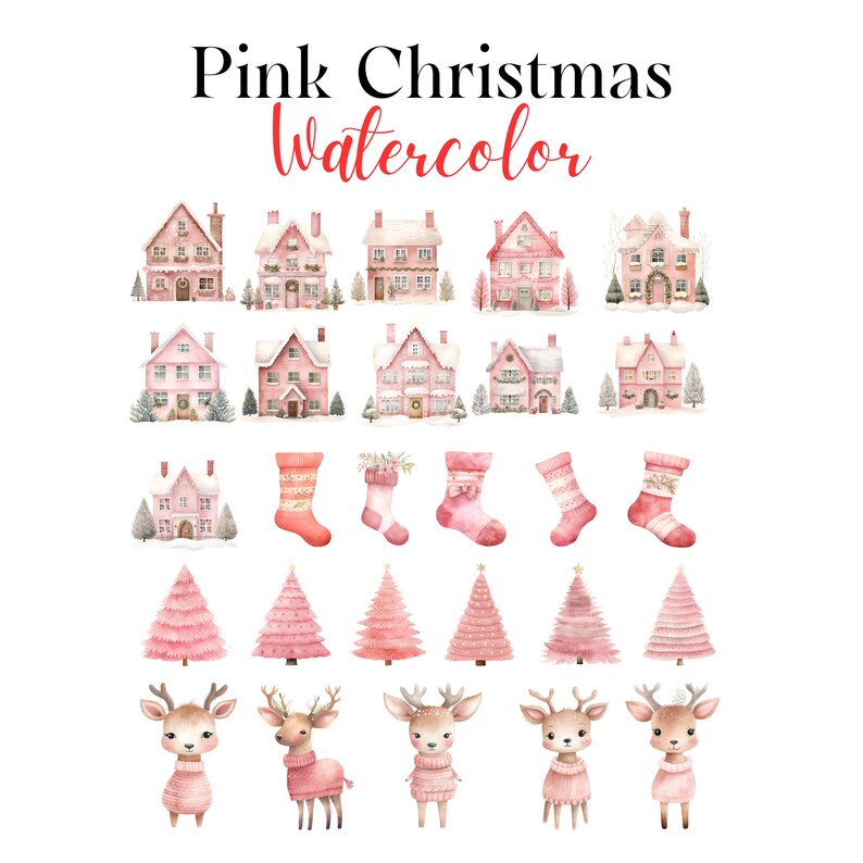 Pink Christmas Watercolor Clipart Bundle 68 PNG Xmas Festive Winter ...