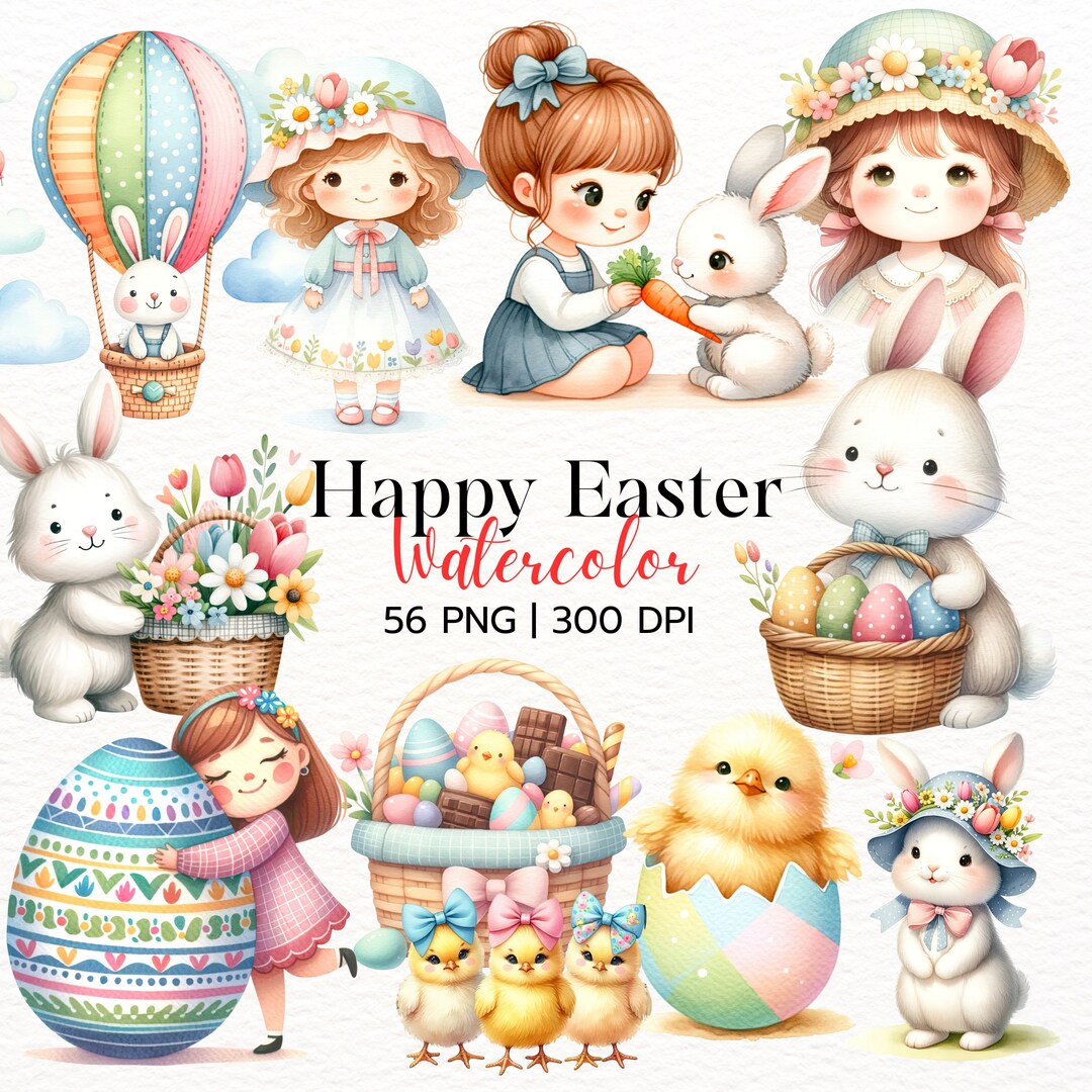 Watercolor Easter Clipart: Bunny, Eggs & Spring Flowers (digital ...