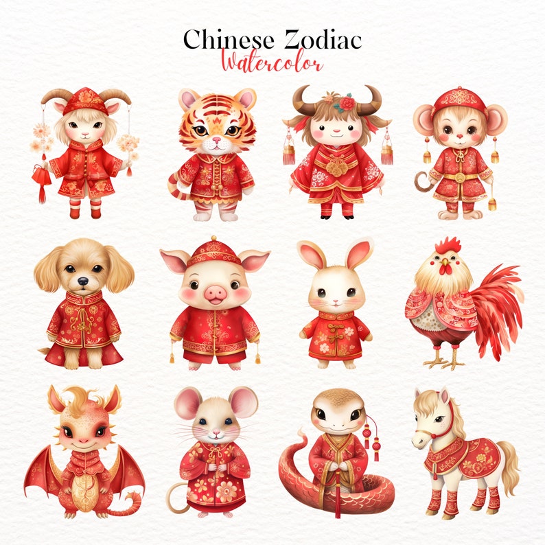 Chinese Zodiac Watercolor Clipart: Lunar New Year Animals (digital ...
