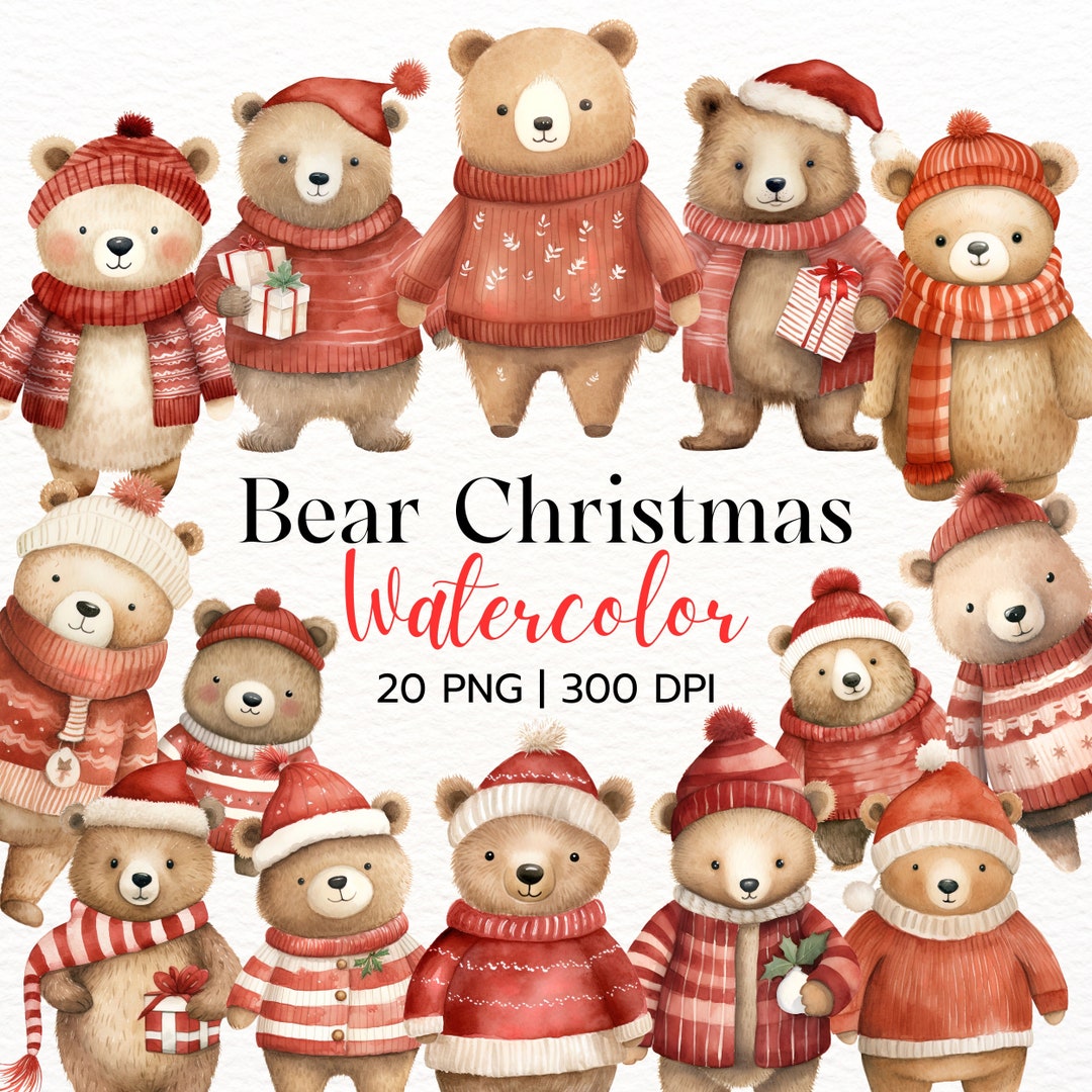 Bear Christmas Watercolor Clipart: Cozy Holiday PNG Bundle (digital ...