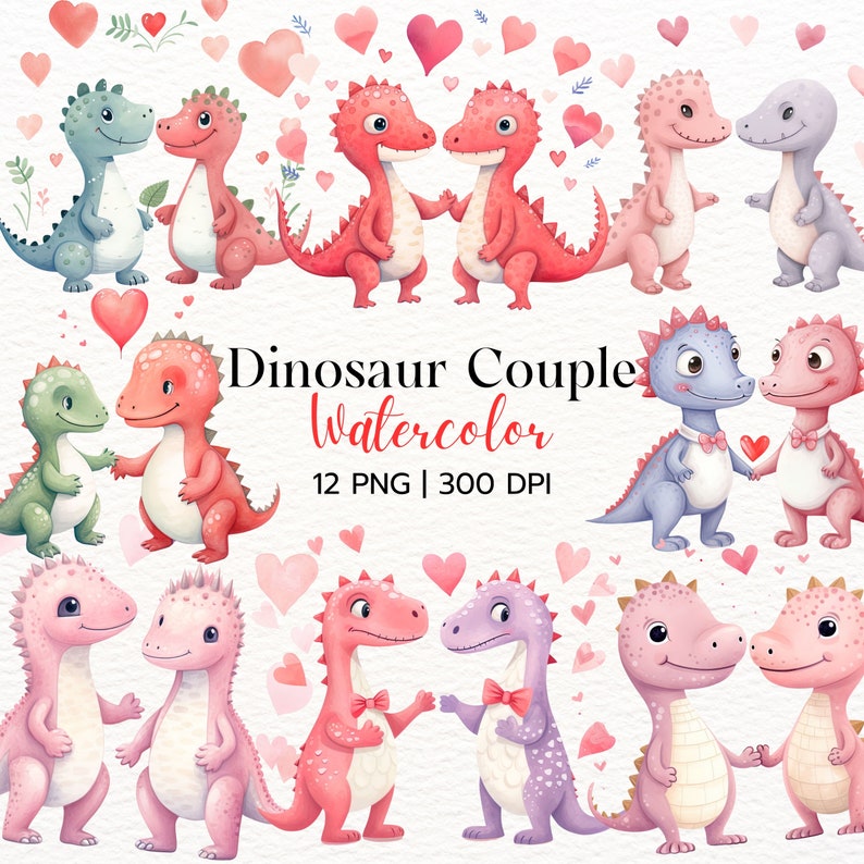 Dinosaur Couple Watercolor, Valentines Day Gift, Romantic Dinosaur ...