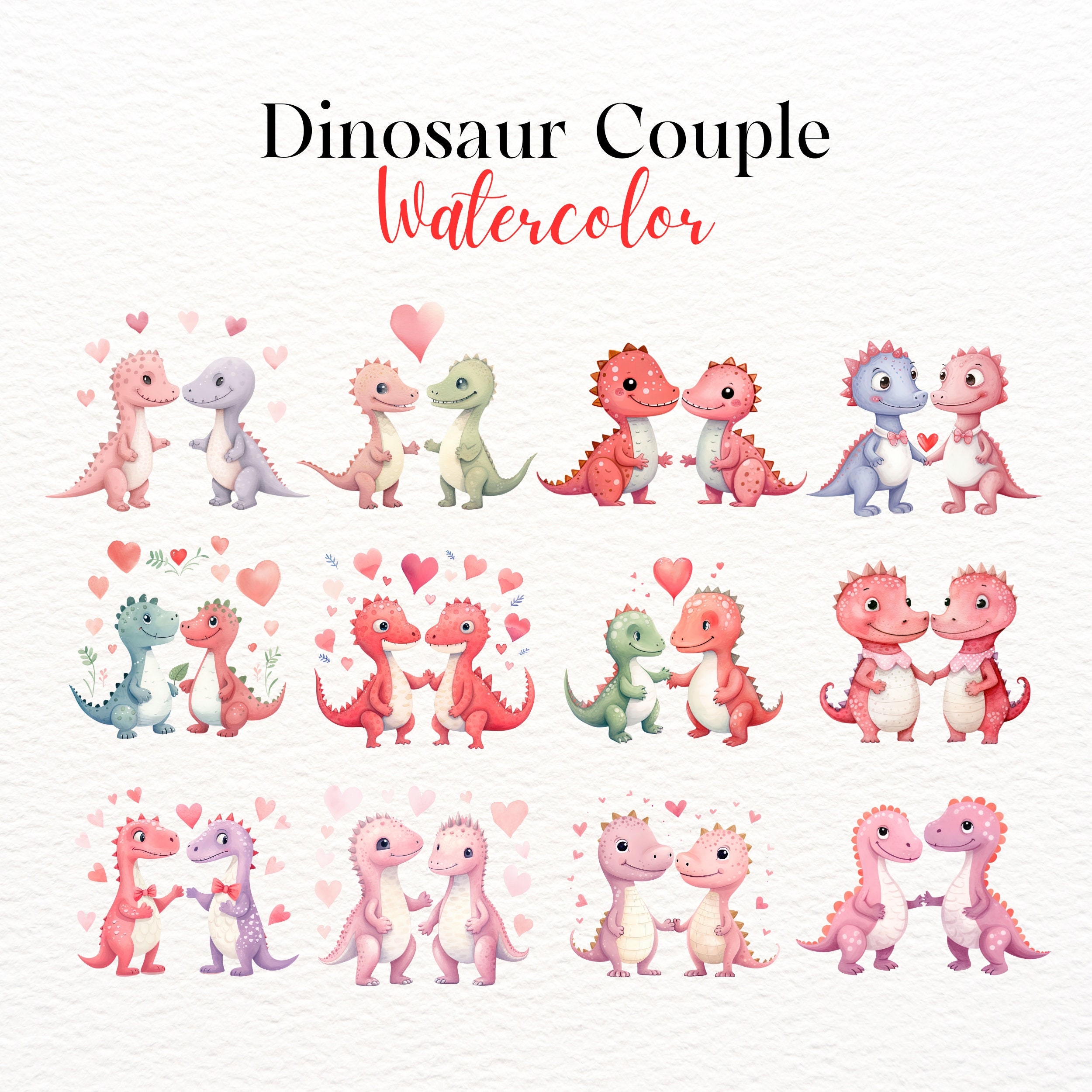 Dinosaur Couple Watercolor, Valentines Day Gift, Romantic Dinosaur ...