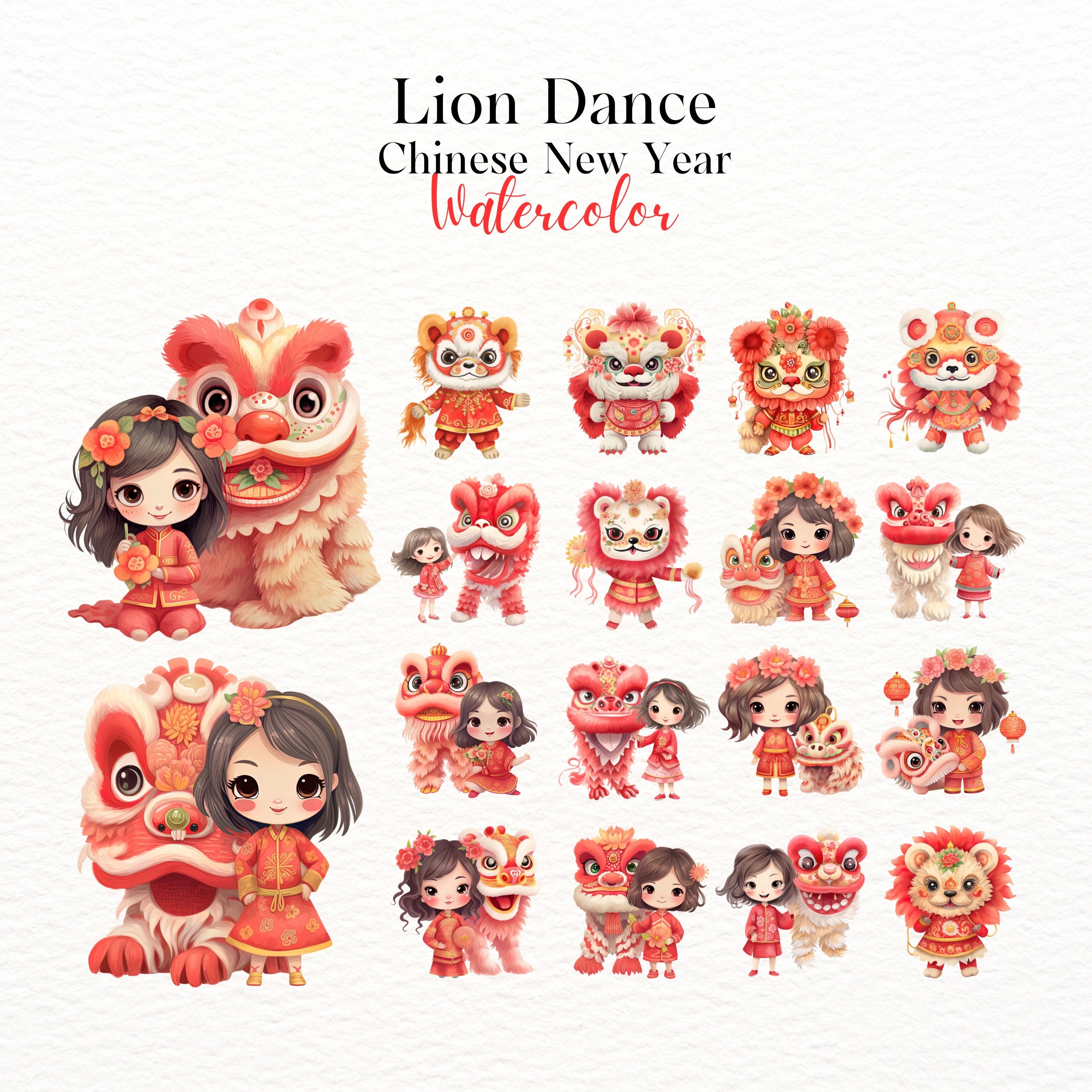 Chinese New Year Watercolor Clipart, Cute Girl Lion Dance, Chinese ...