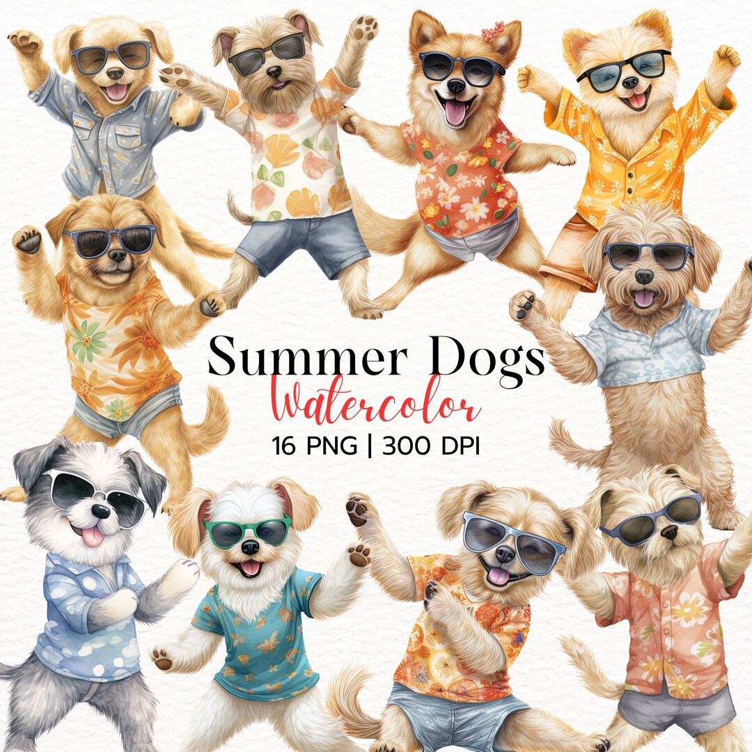 Summer Dogs Watercolor Clipart - Dancing Dogs Digital Art, Playful ...