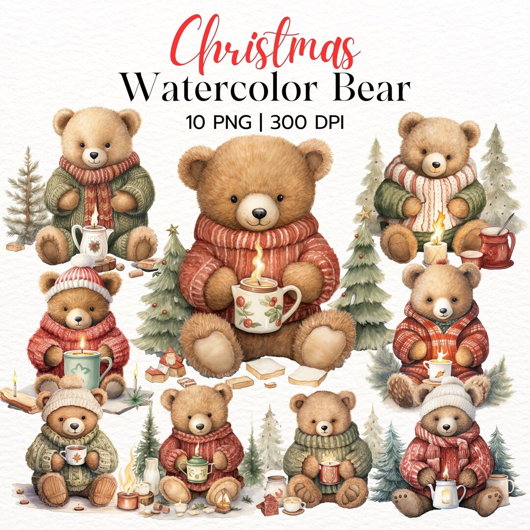 Christmas Watercolor Bear, Winter Clipart Bundle, Cozy Holiday, 10 PNG ...