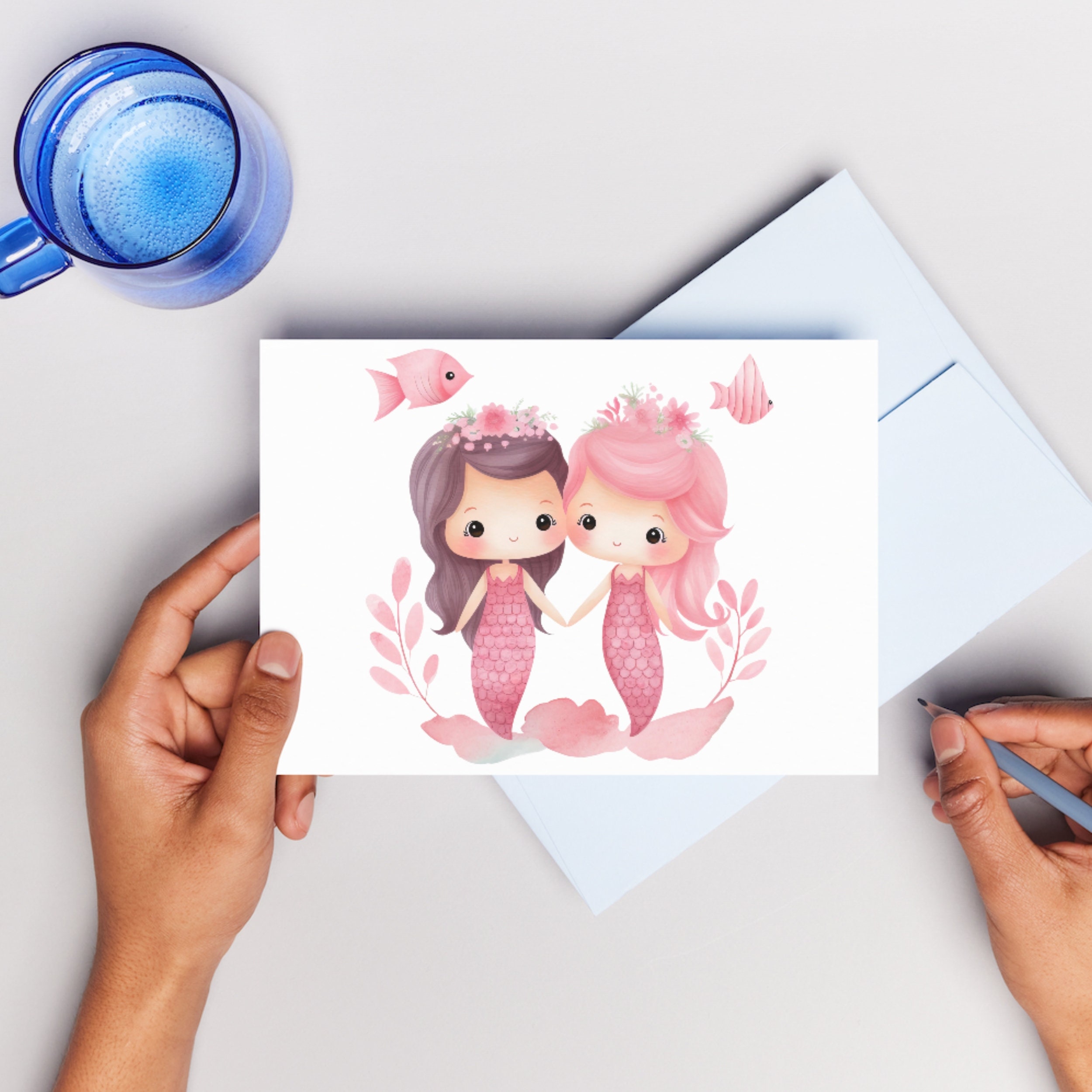 Couple Pink Mermaid Clipart, Romantic Underwater Watercolor, Under Sea ...