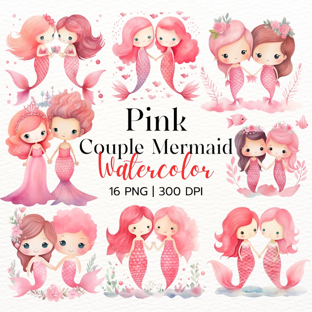 Couple Pink Mermaid Clipart, Romantic Underwater Watercolor, Under Sea ...