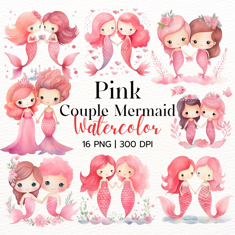 Pink Mermaid Couple Watercolor Clipart: Romantic Sea Life PNG (digital ...