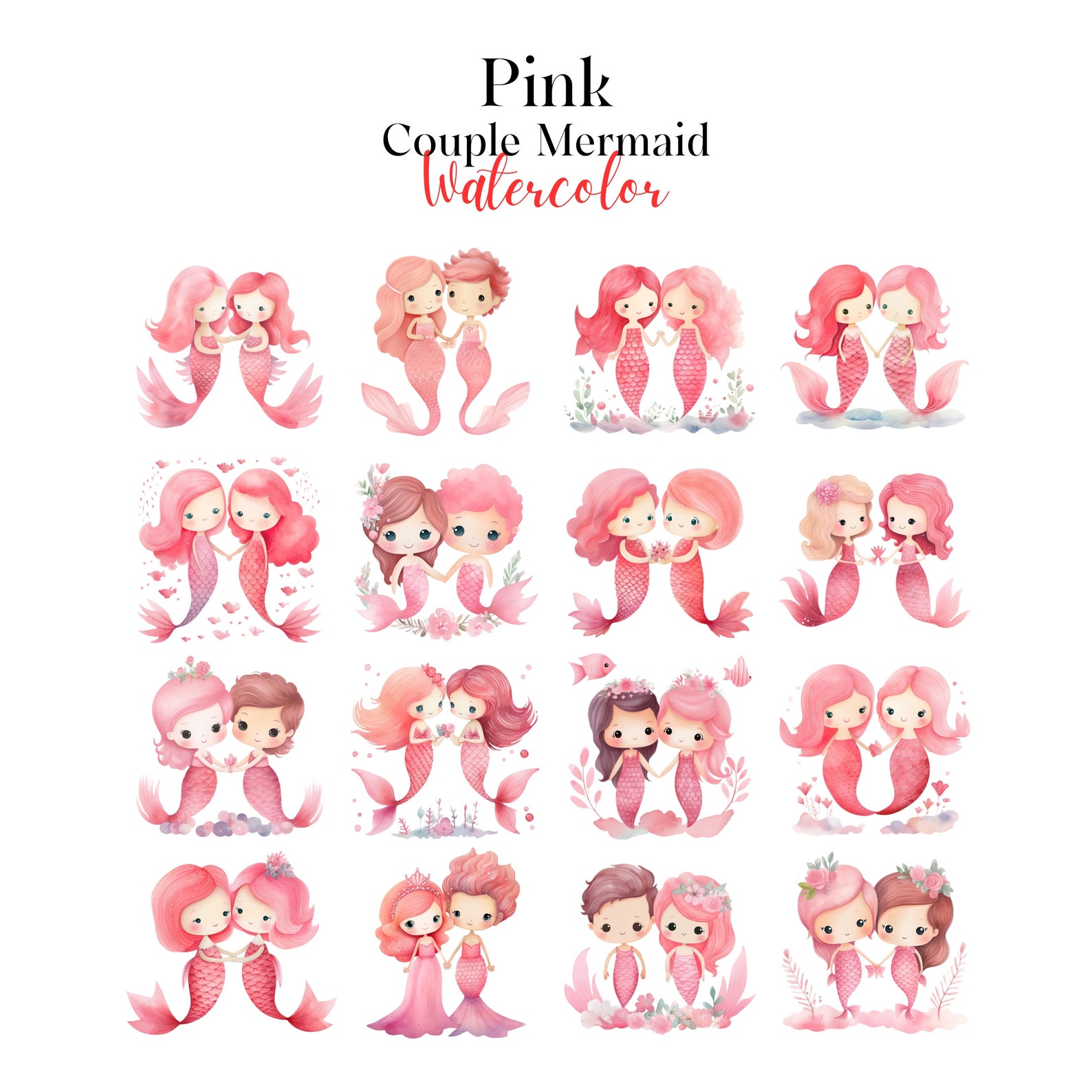 Pink Mermaid Couple Watercolor Clipart: Romantic Sea Life PNG (digital ...