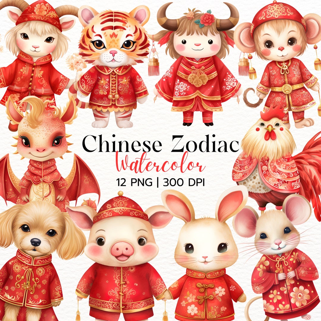 12 Chinese Zodiac Watercolor, Chinese New Year Clipart, Zodiac Animals ...