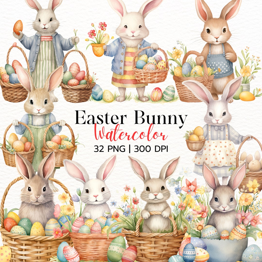 Easter Bunny Watercolor Clipart - Spring Rabbit Digital Art, Printable ...