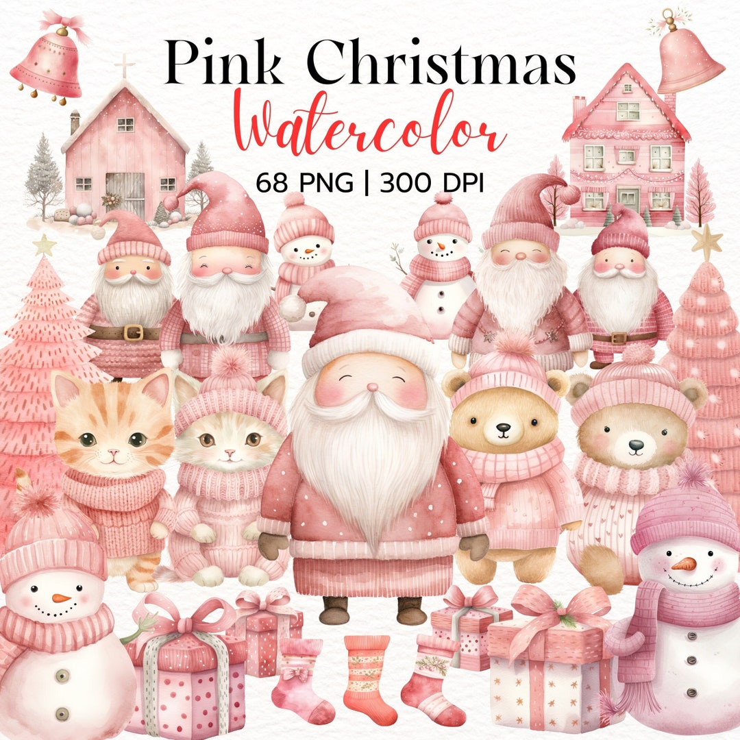 Pink Christmas Watercolor Clipart Bundle 68 PNG Xmas Festive Winter ...