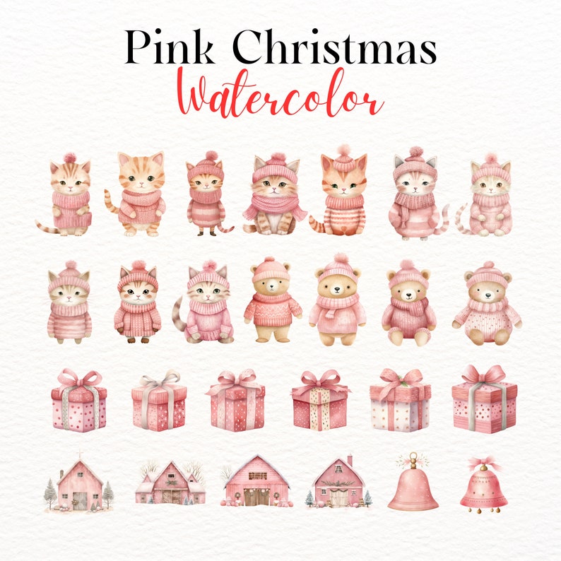 Pink Christmas Watercolor Clipart Bundle 68 PNG Xmas Festive Winter ...
