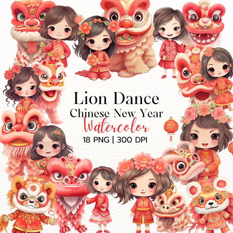 Chinese New Year Watercolor Clipart, Cute Girl Lion Dance, Chinese ...