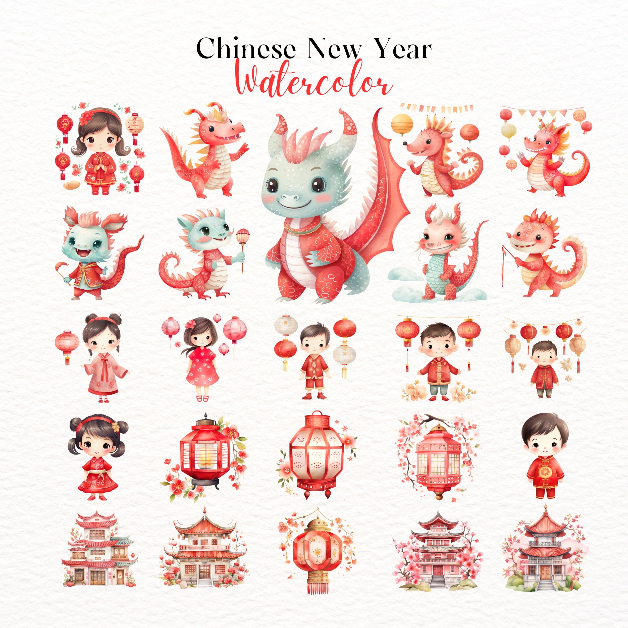 Chinese New Year Watercolor Clipart, Chinese Lunar New Year, Holiday ...