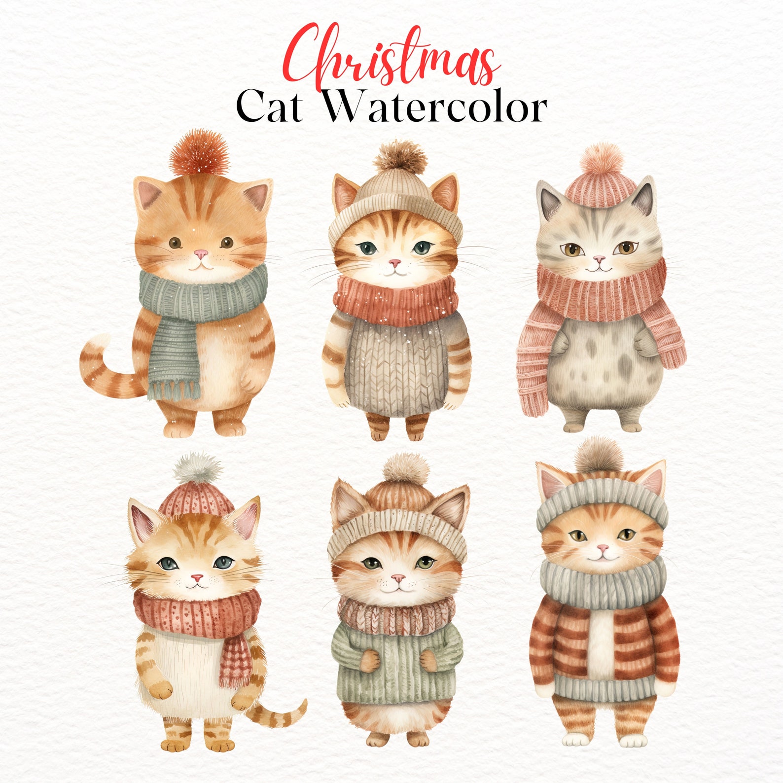 Christmas Cat Watercolor Clipart, Winter Clipart Bundle, Cozy Holiday ...