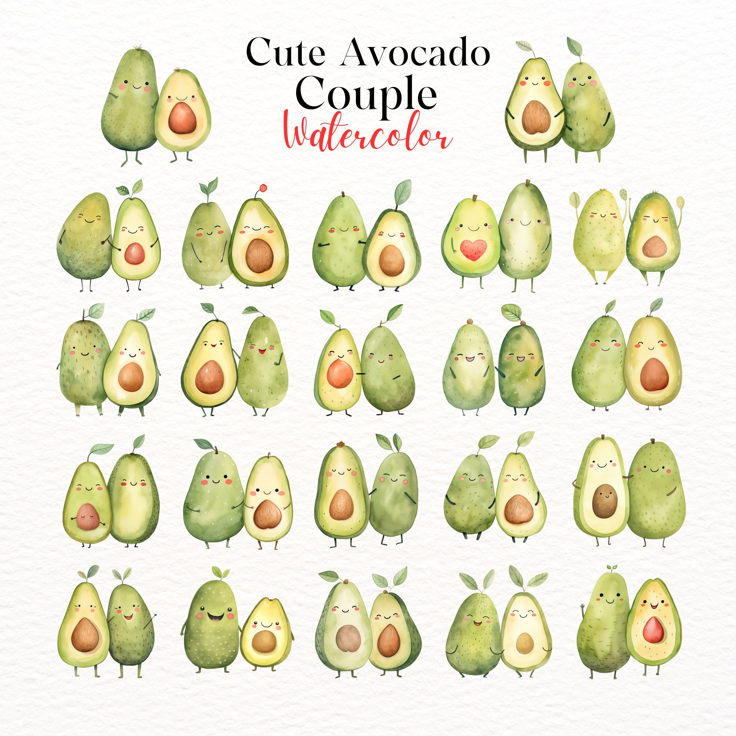 Cute Avocado Couple Watercolor, Avocado PNG, Valentines Clipart ...