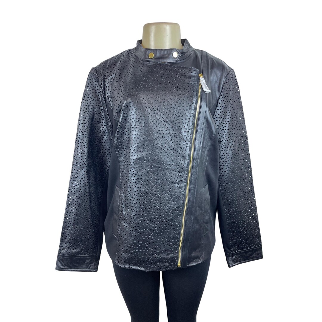 Iman Women's Black Perforated Leather Gold Details Zip up Jacket Sz XL ...