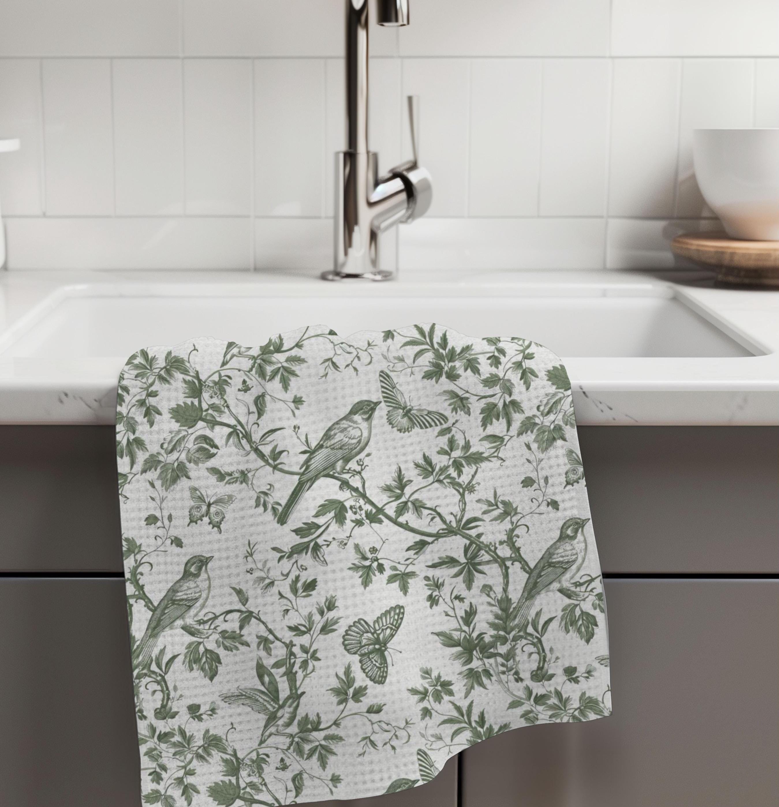 Sage Green Microfiber Kitchen Towel Bird Print Floral Tea Towel Toile ...