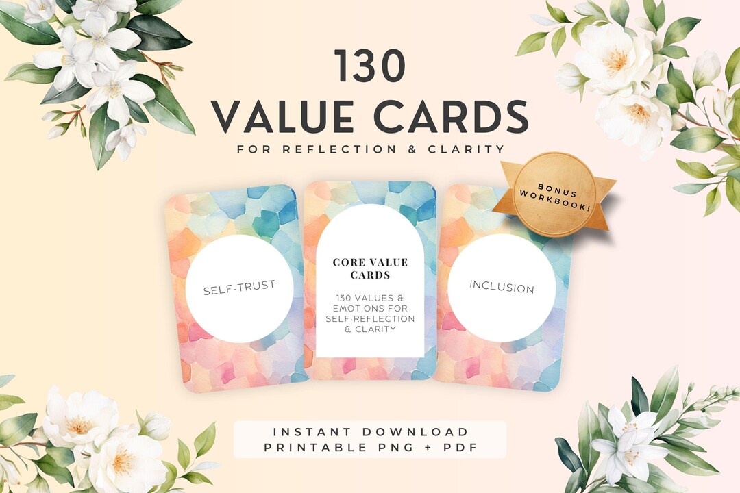130 Core Values Cards, Printable Self-discovery Deck, Emotional Clarity ...