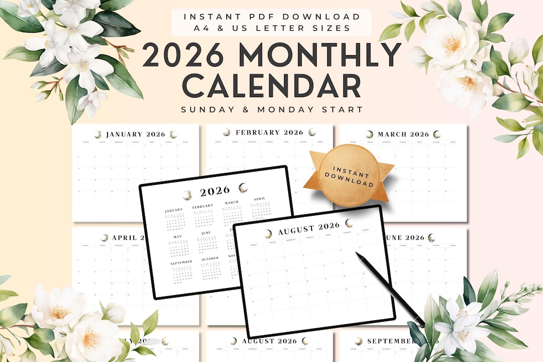 2026 Calendar Printable, Monthly Planner PDF, Minimalist Design ...