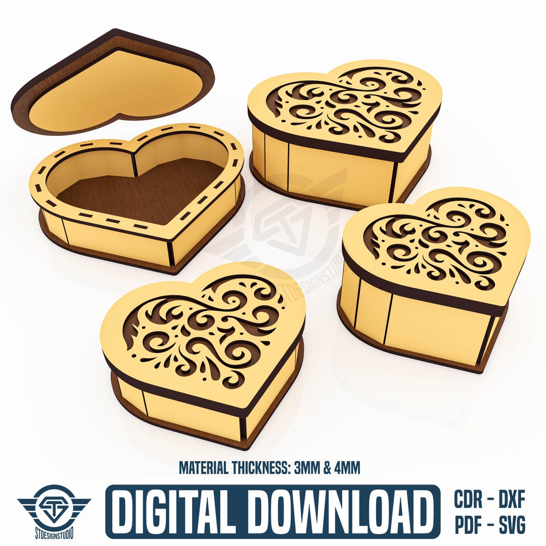 4 Different Size Heart Box Laser Cut Fİle, Gift Box Laser Cut Svg Files ...