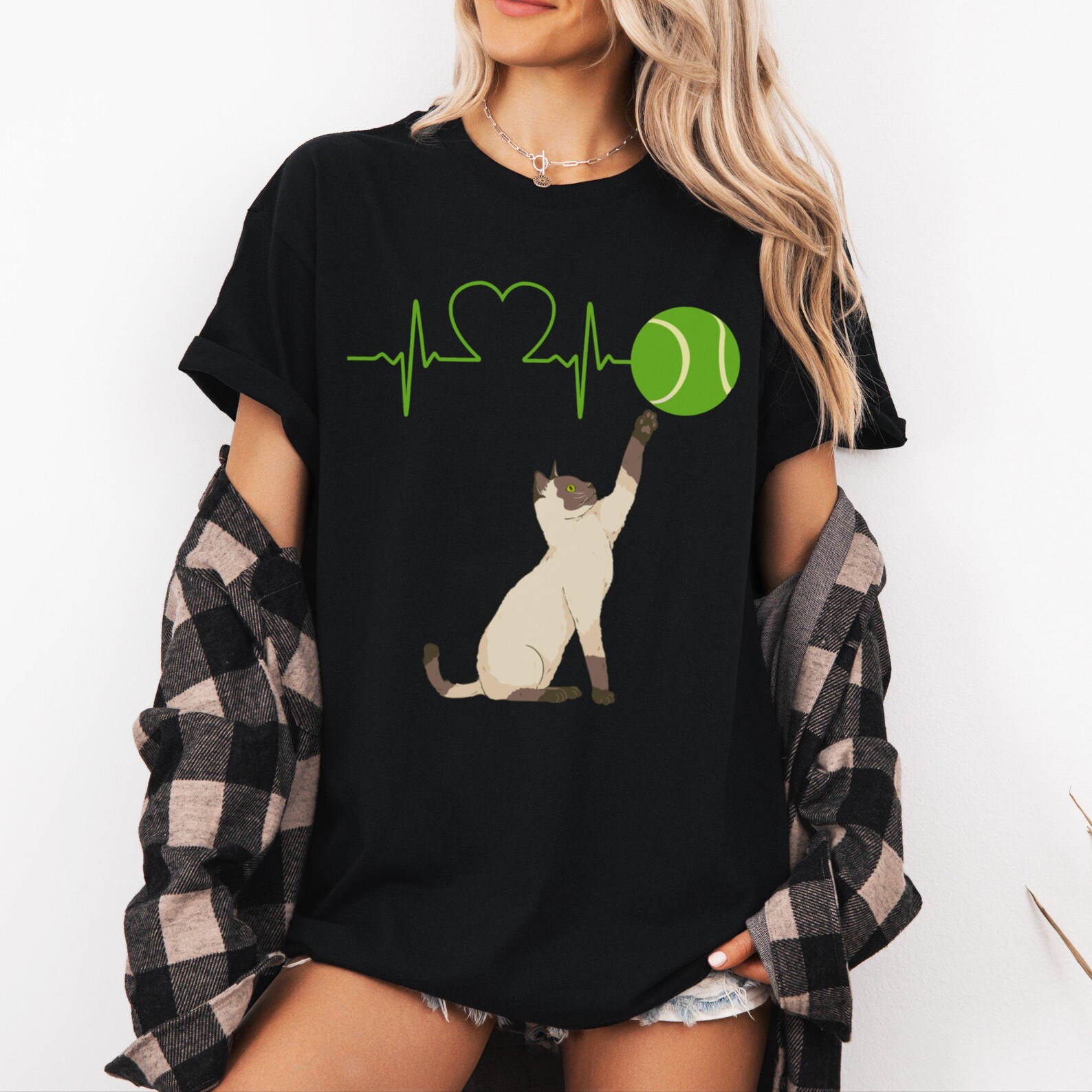 Cute Cat With Green Tennis Ball Heartbeat T-shirt, Funny Cat Lover ...