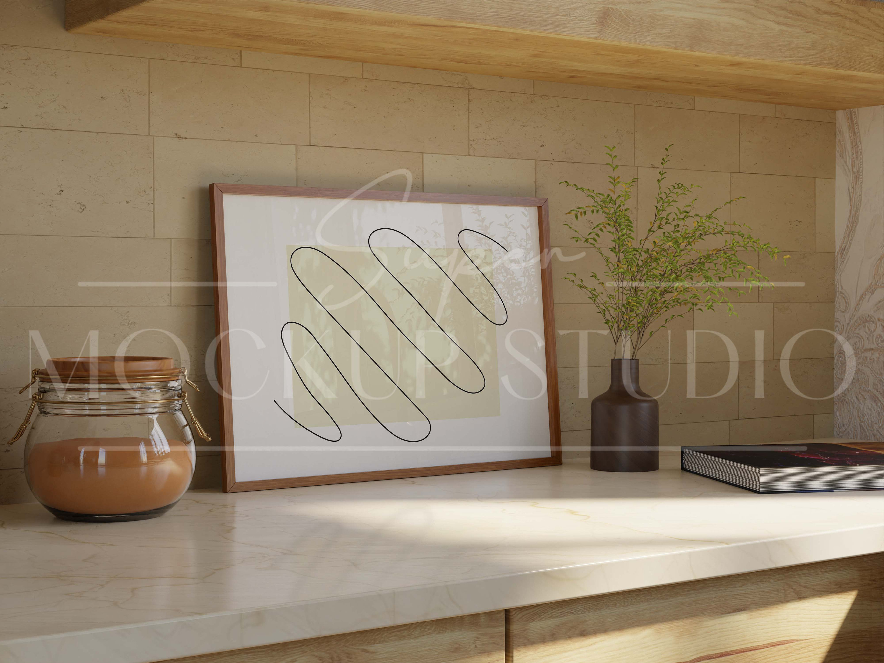 Wooden Horizontal Frame Mock, Kitchen Frame Mockup Landscape Side View ...