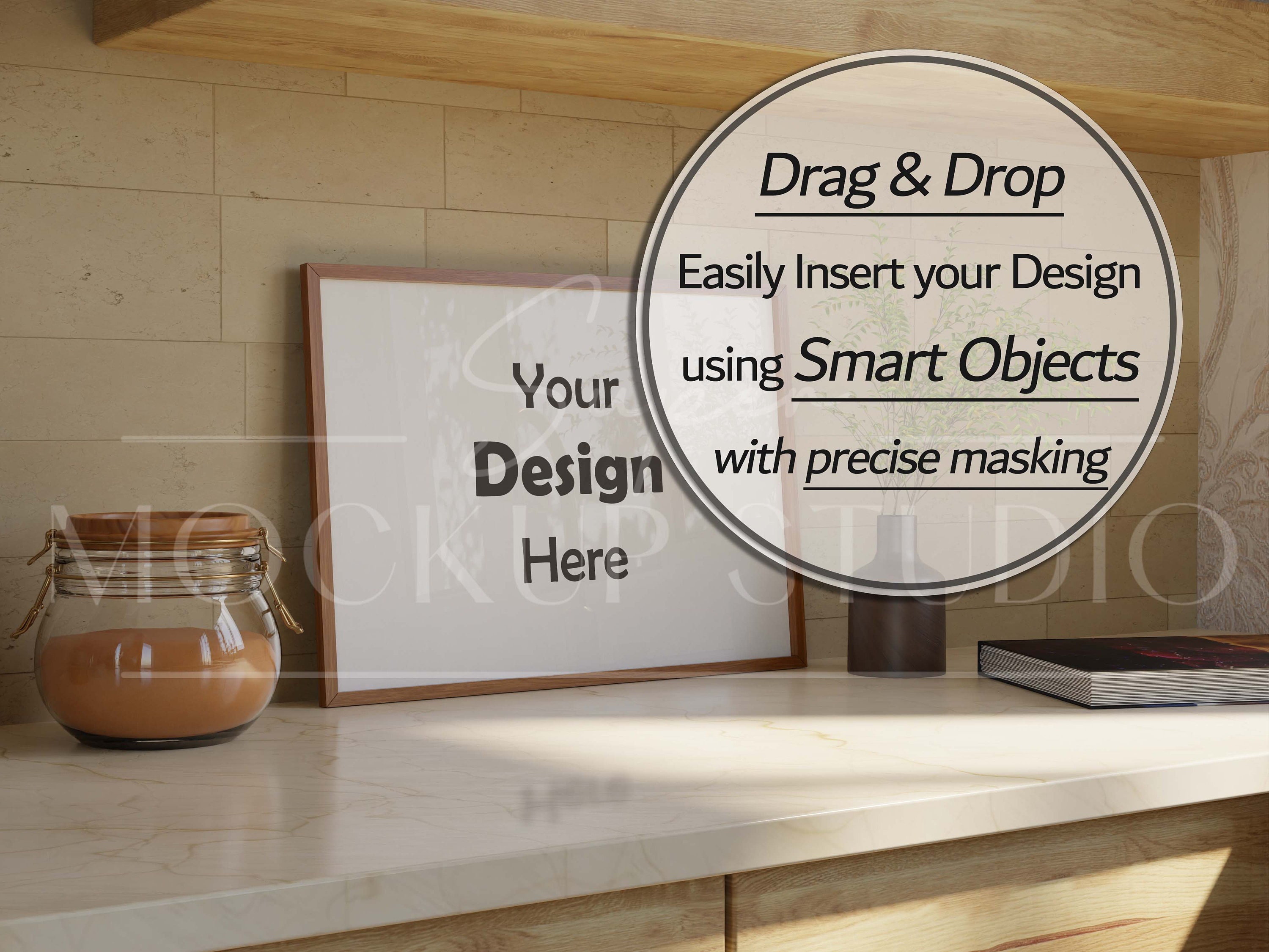 Wooden Horizontal Frame Mock, Kitchen Frame Mockup Landscape Side View ...