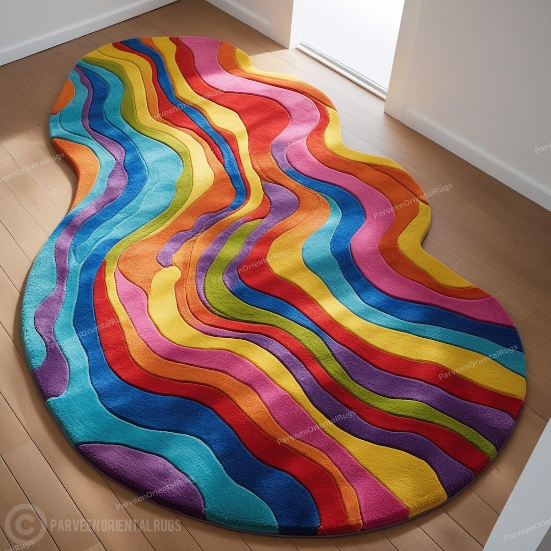 Multicolored Vibrant Abstract Rug, Irregular Shaped Hand Tufted Rug ...