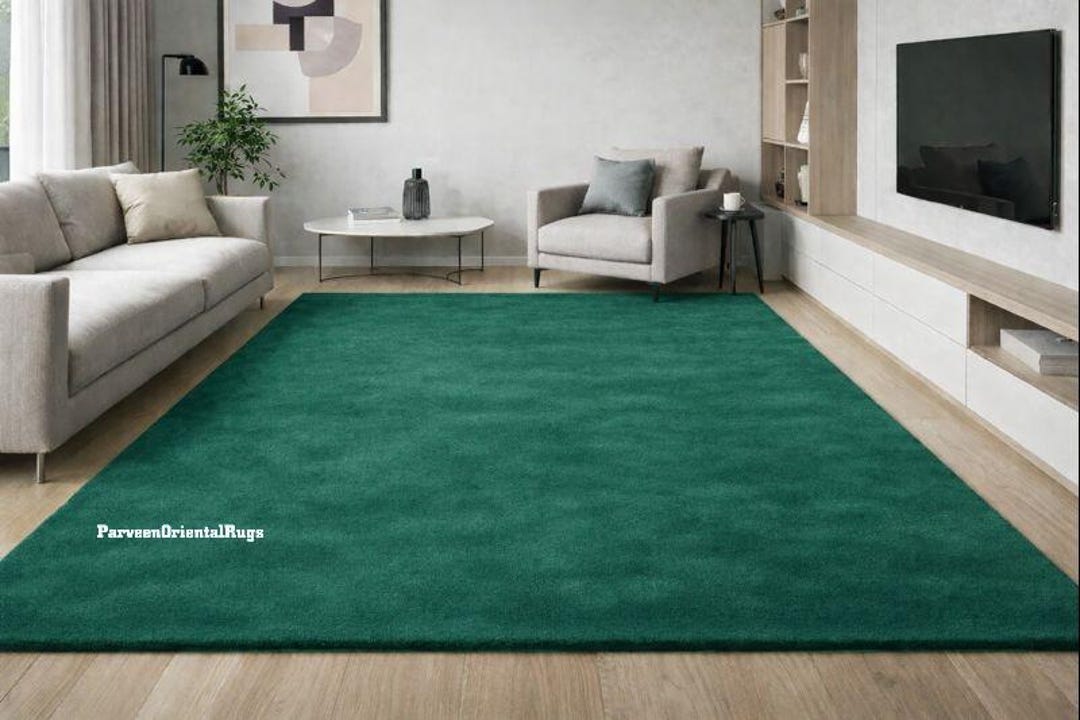 Solid Emerald Green Area Rug Hand Tufted Wool Carpet, Modern Minimal ...