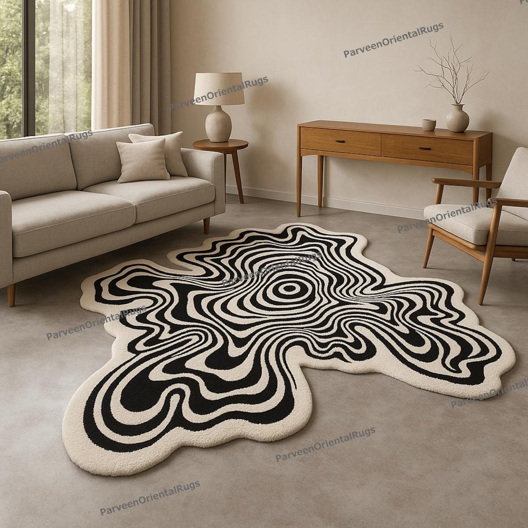 Psychedelic Hand-tufted Rug , Black & White Optical Illusion Rug, 100% ...