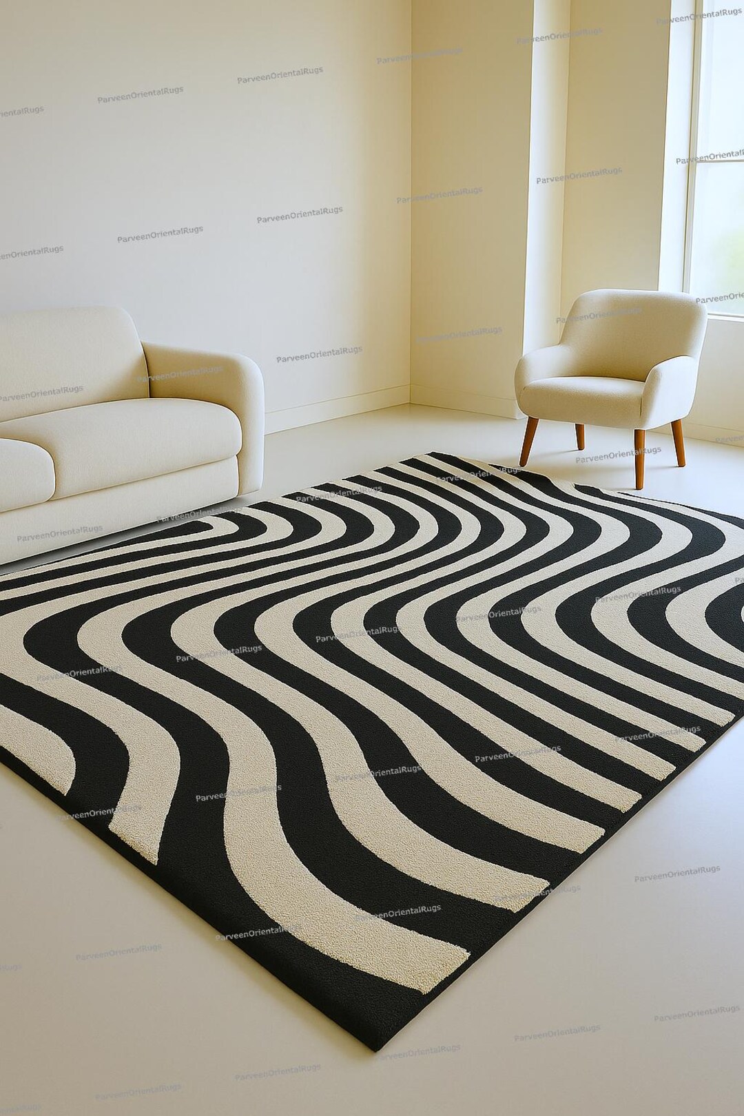 Black and White Wave Pattern Rug | Modern Hand Tufted Wool Carpet ...