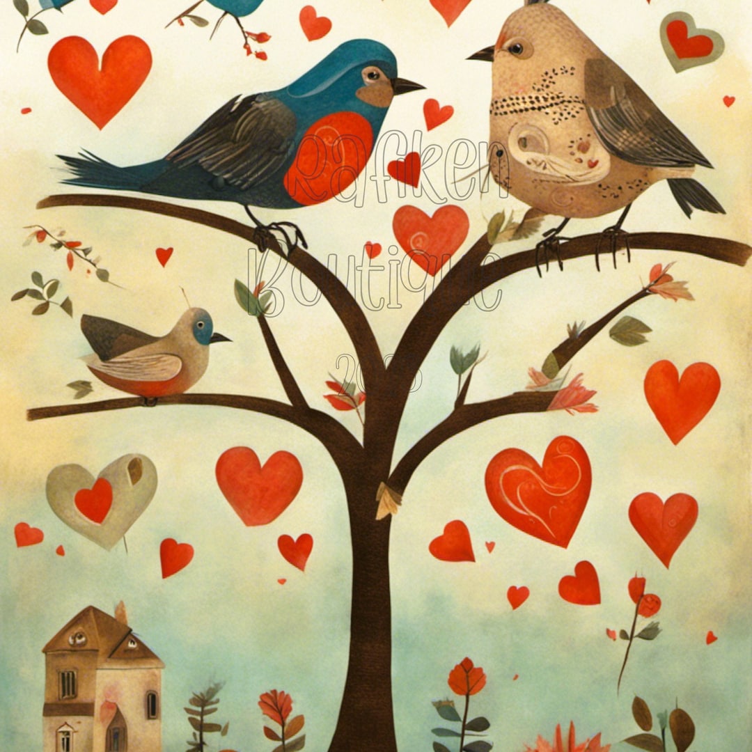 Folk Art Painting | Birds and Hearts Primitive Folk Art Style #1 ...