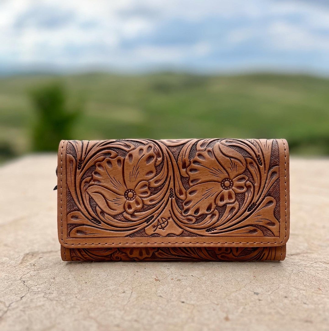Womens Tooled Leather Wallet Trifold Wallet Boho/ - Etsy