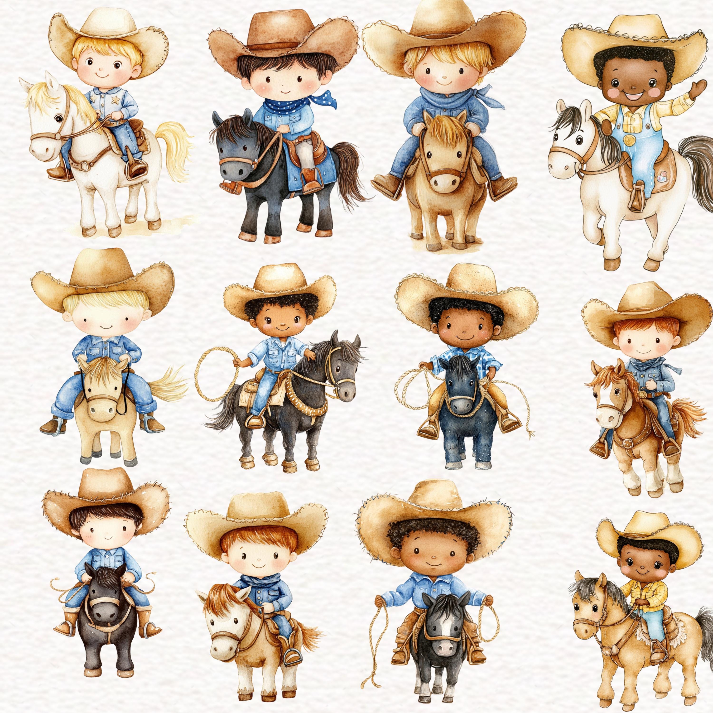 100 Cute Cowboy Clipart, Baby Western Watercolor Clipart, Rodeo ...