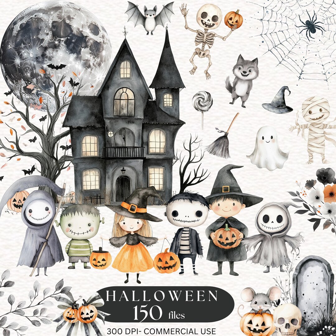 150 Watercolor Cute Halloween Clipart Witch Pumpkin Clipart Kid ...